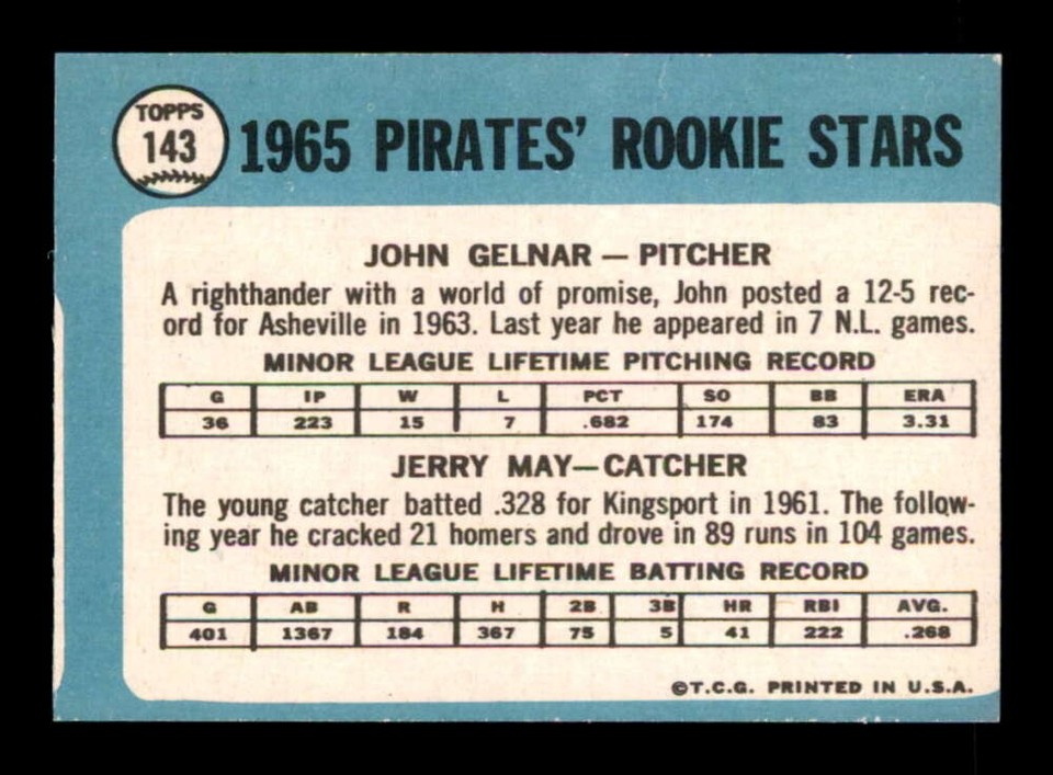 1965 Topps #143 Jerry May/John Gelnar Rookie Stars NM/NM+ X3560511 | eBay