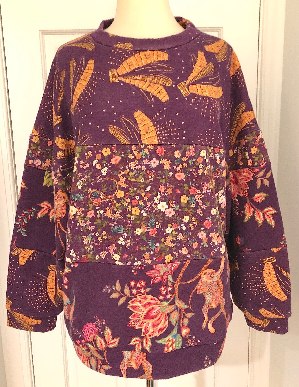 FARM RIO Purple Floral Banana Monkey Oversized Pullover Crewneck ...