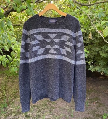 $180 Pendleton Washable Wool Charcoal Gray Blanket Aztec Ski Sweater Sz ...