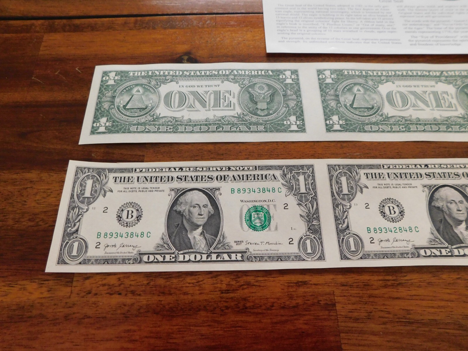 UNCUT SHEET OF (3) U.S. $1 ONE DOLLAR BILLS GEM UNC MAKES A NICE GIFT ...