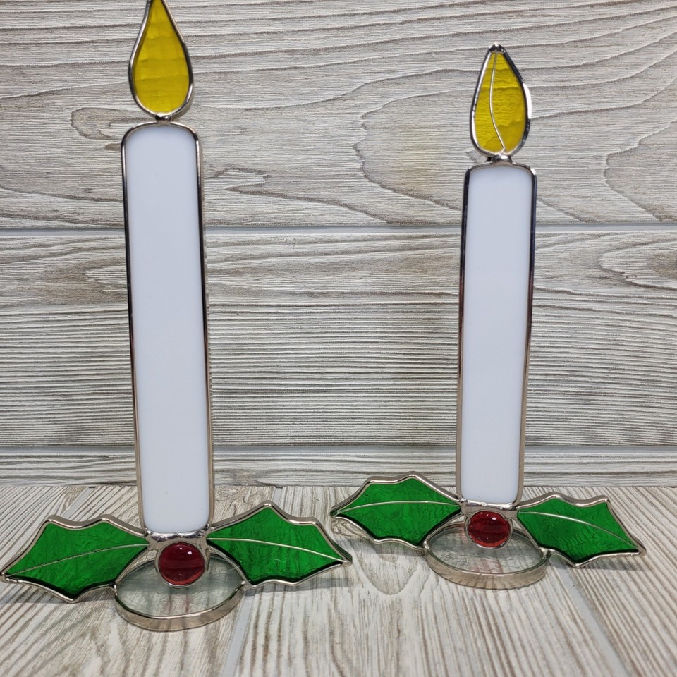 2 Stained Glass Candle Suncatchers Christmas Holly Red Berries Yellow ...
