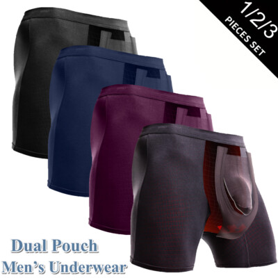 1-3 Pack Long Boxers Men's Underwear Boxer Briefs Dual Pouch Trunks ...