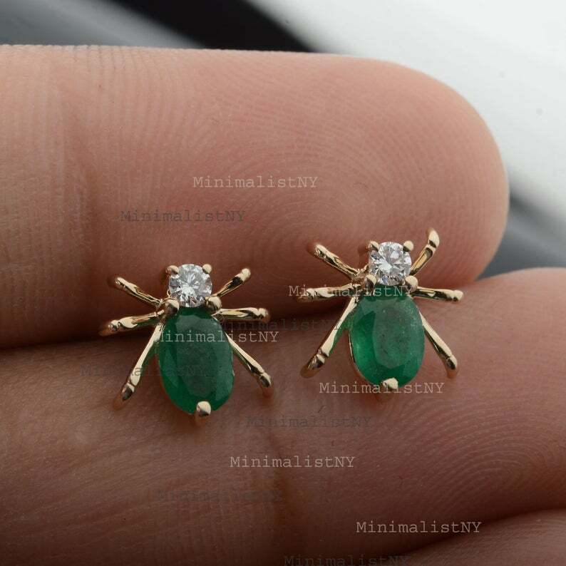 Genuine Emerald Gemstone Diamond Spider Stud Earrings Solid 14K Yellow ...