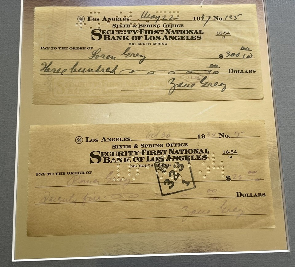 Author Zane Grey Pair of Autographs (2 personal checks) Document Signed ...