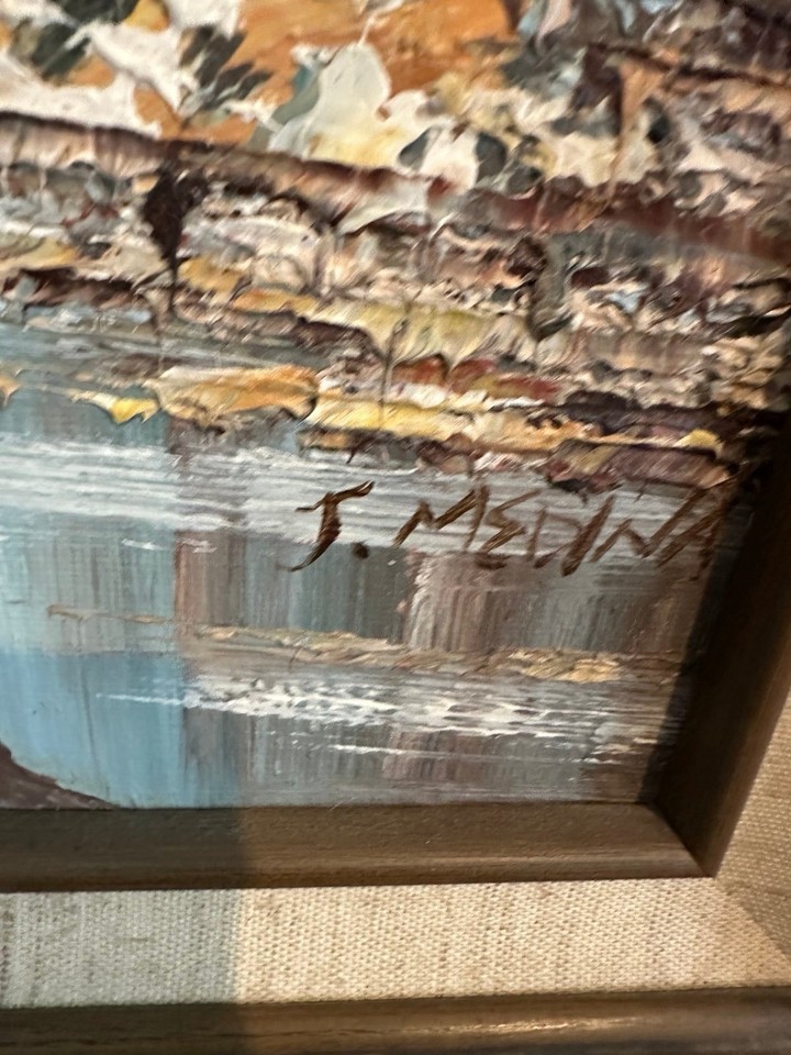 Vintage 70s Mid Century J.Medina Original Oil Painting on Canvas River ...