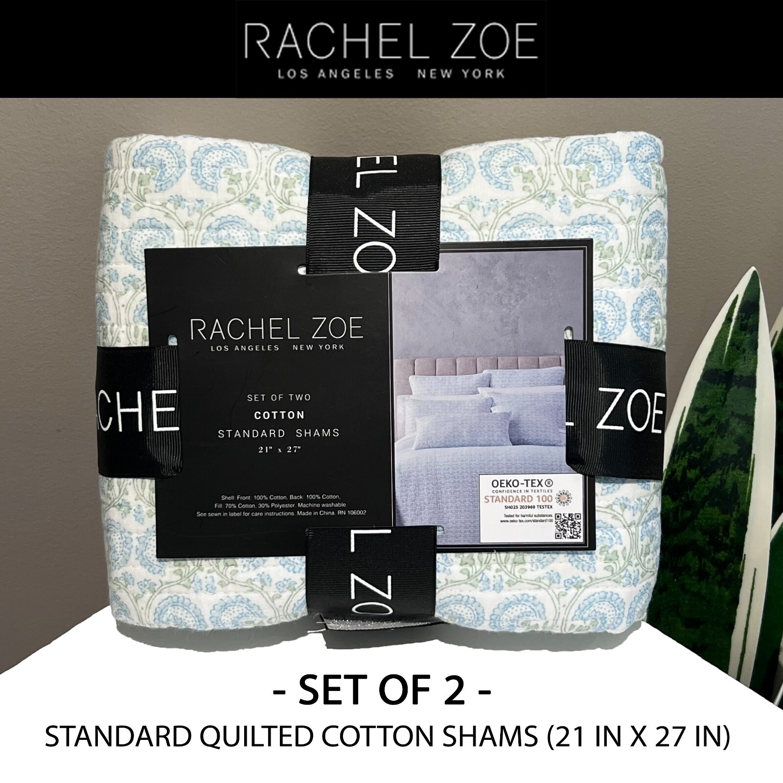 SET OF 2 New RACHEL ZOE Cotton Quilted Standard Shams White Blue Green ...