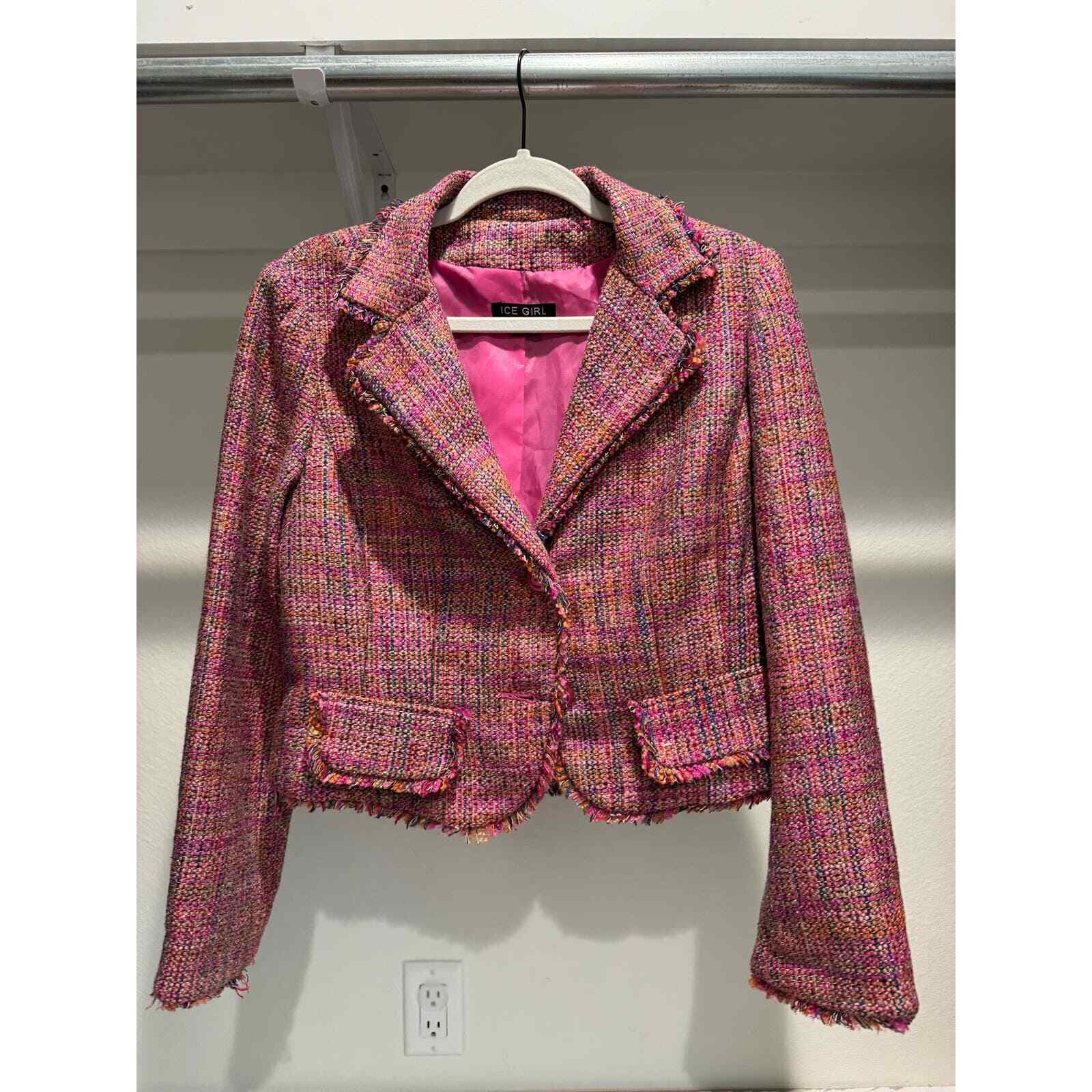 Ice Girl Pink Tweed Blazer Suit Jacket Size Large - Gem