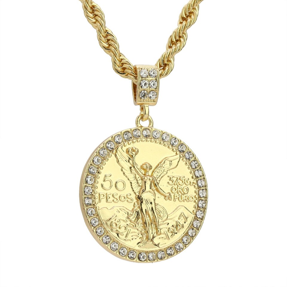 Centenario 50 Pesos Pendant Iced Cubic-Zirconia Rope Chain 14k Gold ...