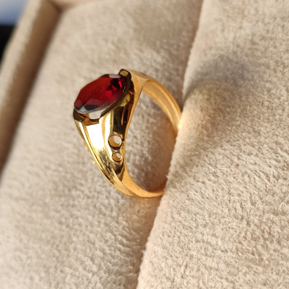 Natural Red Garnet 14K Yellow Gold Men's Ring, Statement 14K Gold Men's ...