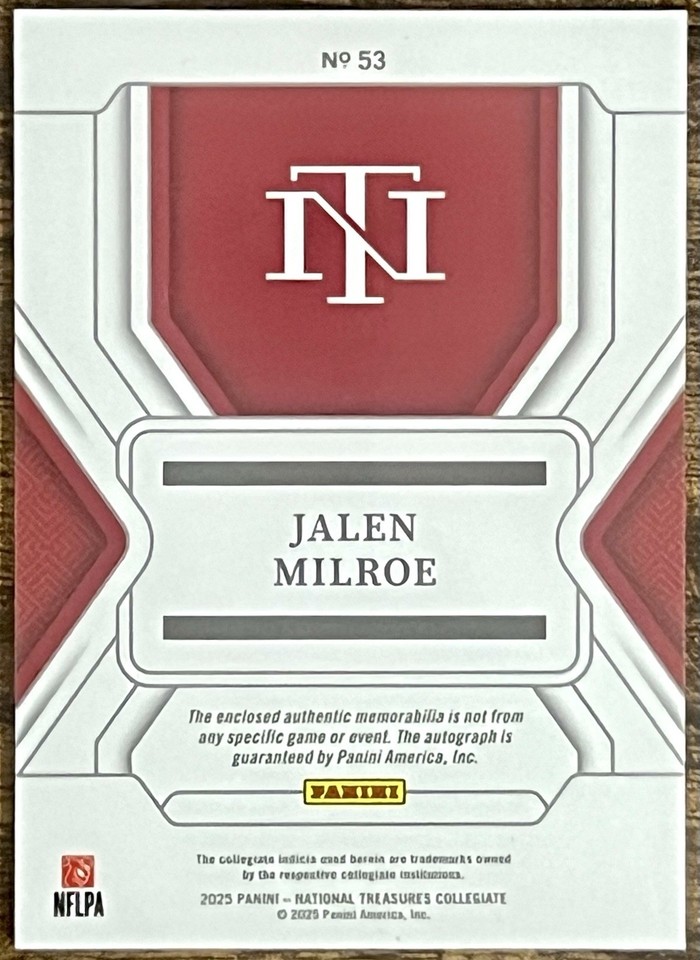 Jalen Milroe 13/25 2025 National Treasures RPA Rookie Patch Auto ...