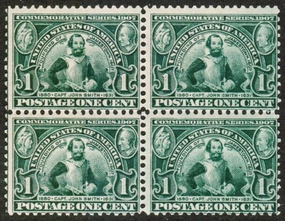 US Sc# 328 *MINT OG NH* { BLOCK OF 4 JAMESTOWN } CAPT JOHN SMITH 1907 ...