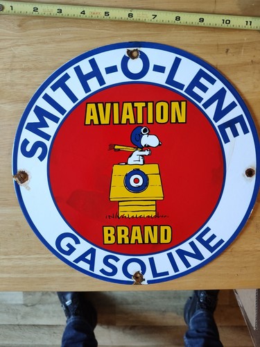 VINTAGE SMITH-O-LENE AVIATION GASOLINE OIL PORCELAIN GAS SIGN SNOOPY ...
