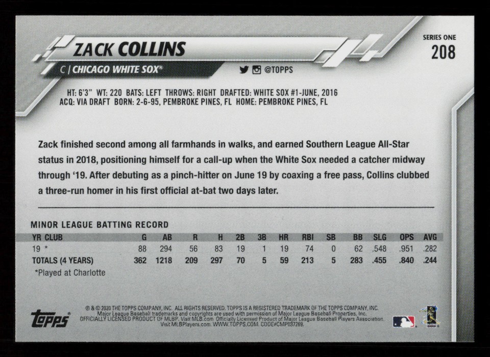 2020 Topps Zack Collins #208 Chicago White Sox Baseball Card | eBay