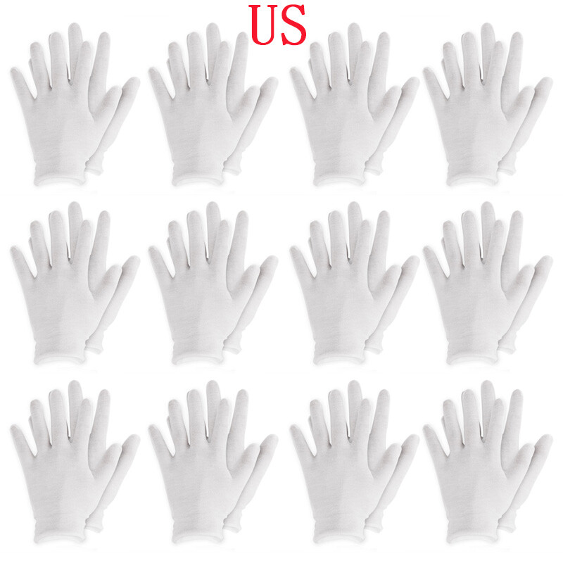 12Pair 18.5cm White Thin Reusable Elastic Soft Cotton Gloves Unisex ...
