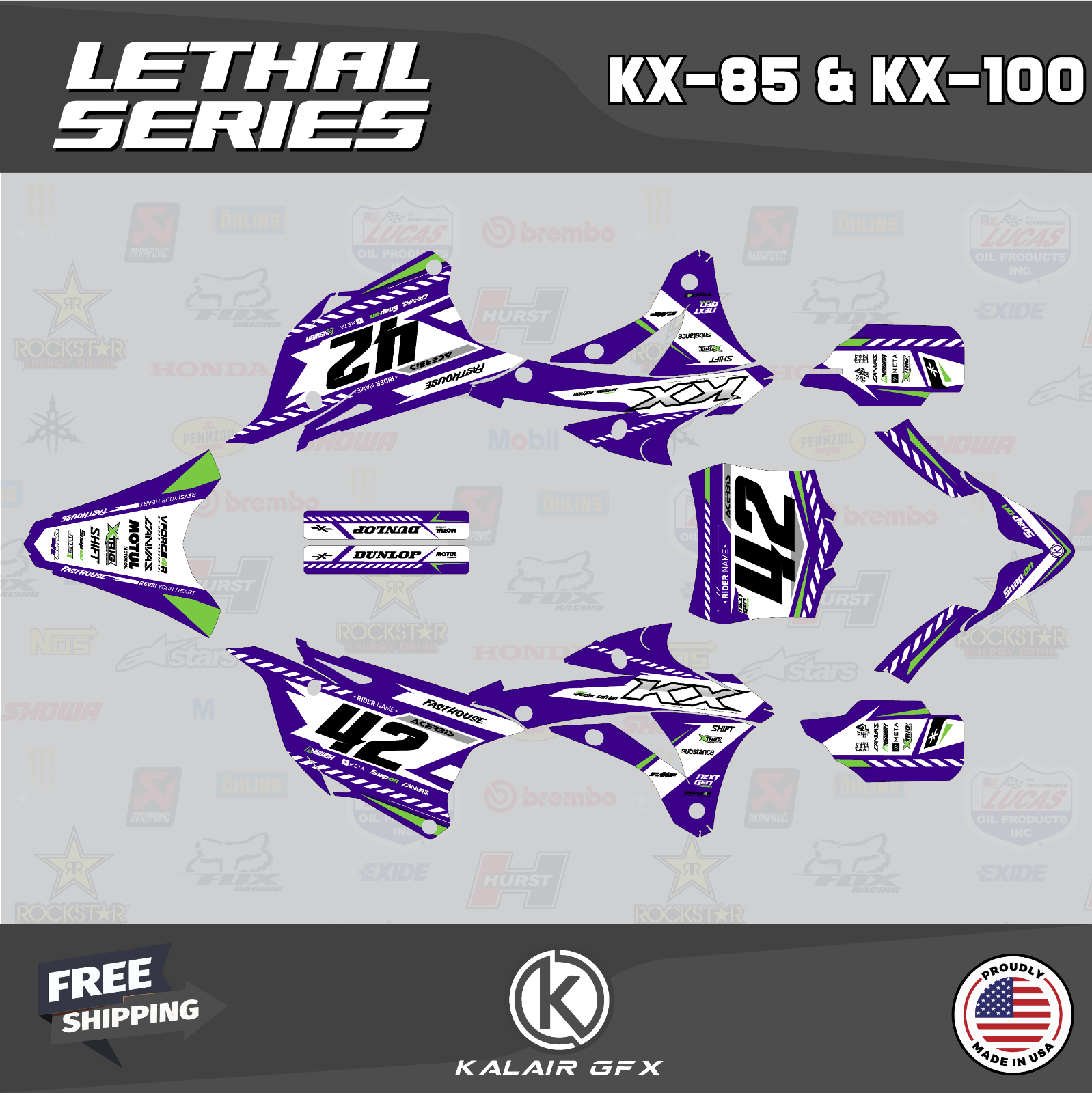 Graphics Kit for Kawasaki KX85 KX100 (2014-2021) Lethal-Purple | eBay