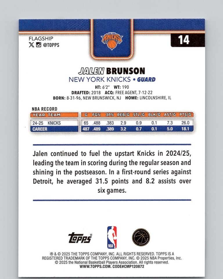 2025-26 Topps #14 Jalen Brunson New York Knicks Basketball Card | eBay