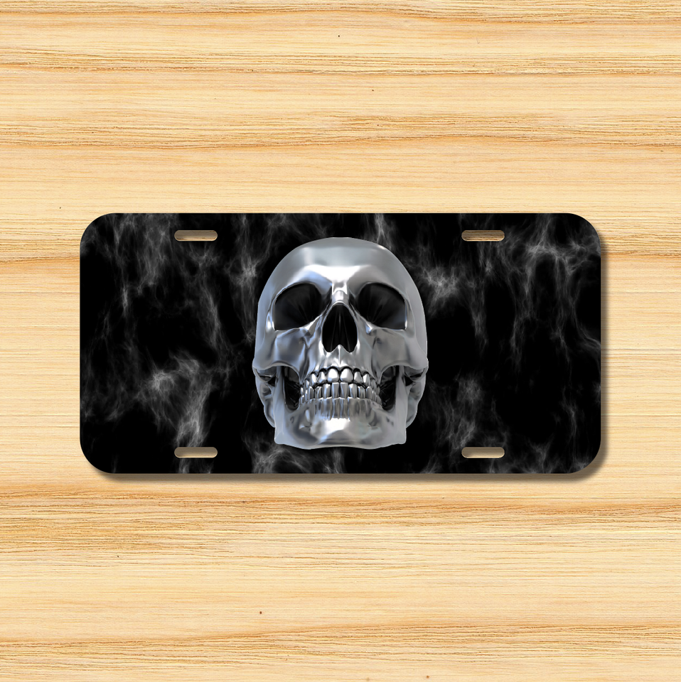 Chrome Skull Skeleton Black Flames Badass Vehicle License Plate Death ...