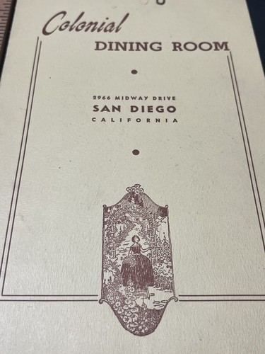MENU colonial dining room SAN DIEGO CA. Vintage RESTAURANT California ...