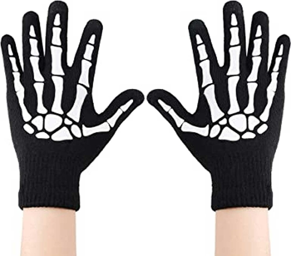 Goth Winter GLOW SKELETON HAND BONE GLOVES Black/White Stretch Knit ...