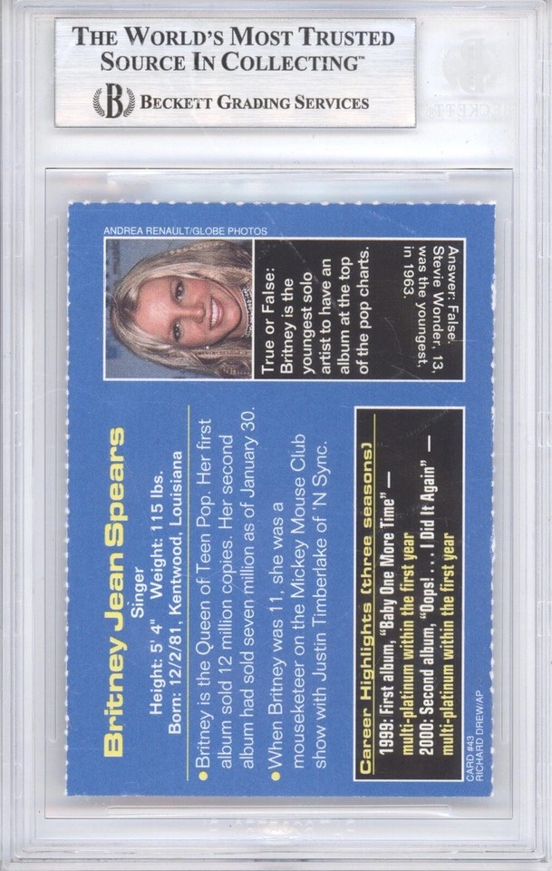 BRITNEY SPEARS 2010 SPORTS ILLUSTRATED FOR KIDS ROOKIE CARD #43 BGS 7 ...