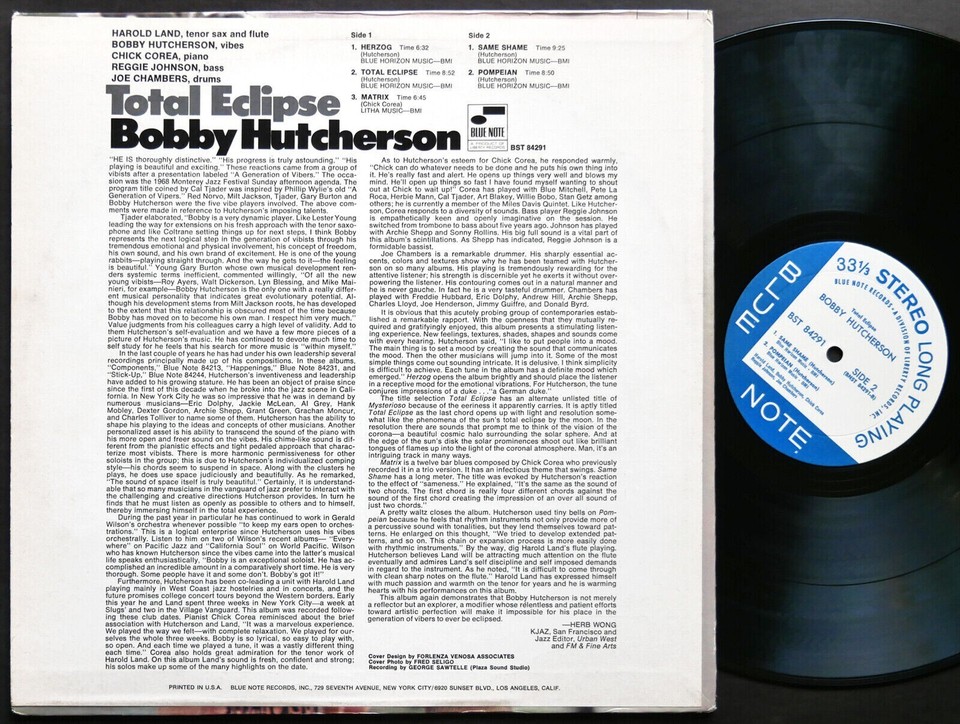 Signed BOBBY HUTCHERSON Total Eclipse LP BLUE NOTE 84291 US 1968 ...