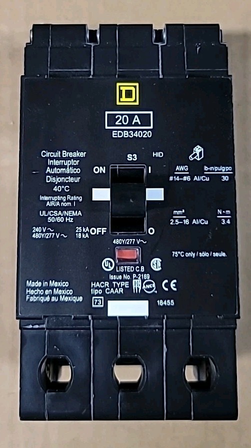 Square D EDB34020 20A 3 Poles Bolt On Circuit Breaker New 785901875246 ...