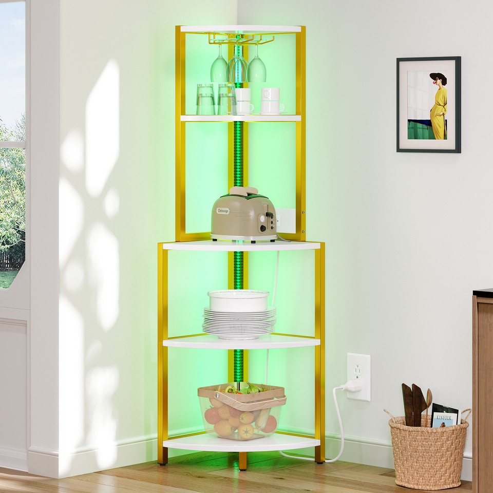 5 Tier LED Corner Shelf with Power Outlets and Glass Holder Corner ...