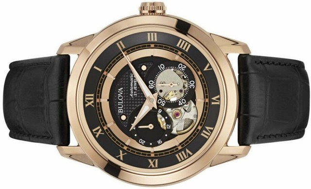 Bulova 97A116 Automatic Black Leather Strap Watch 42mm Rose Gold Case ...