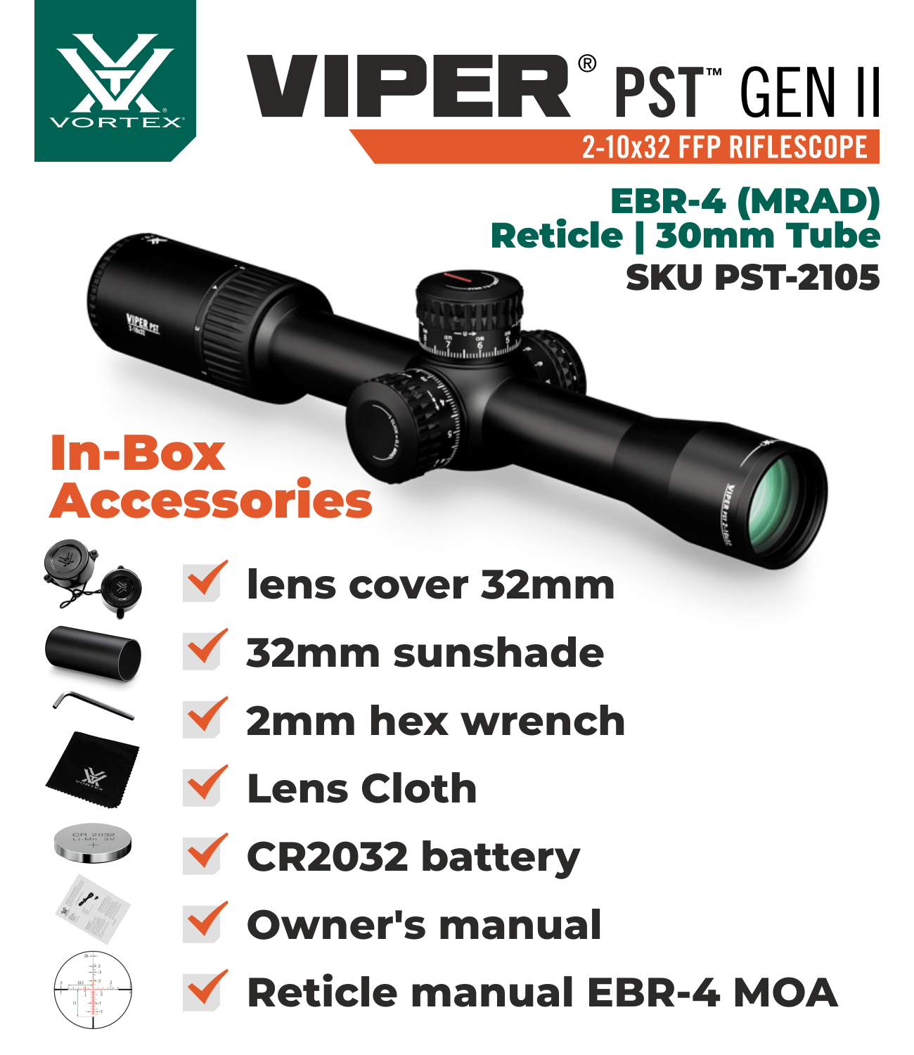Vortex Optics Viper PST Gen II 2-10x32 FFP EBR-4 MRAD Riflescope w ...