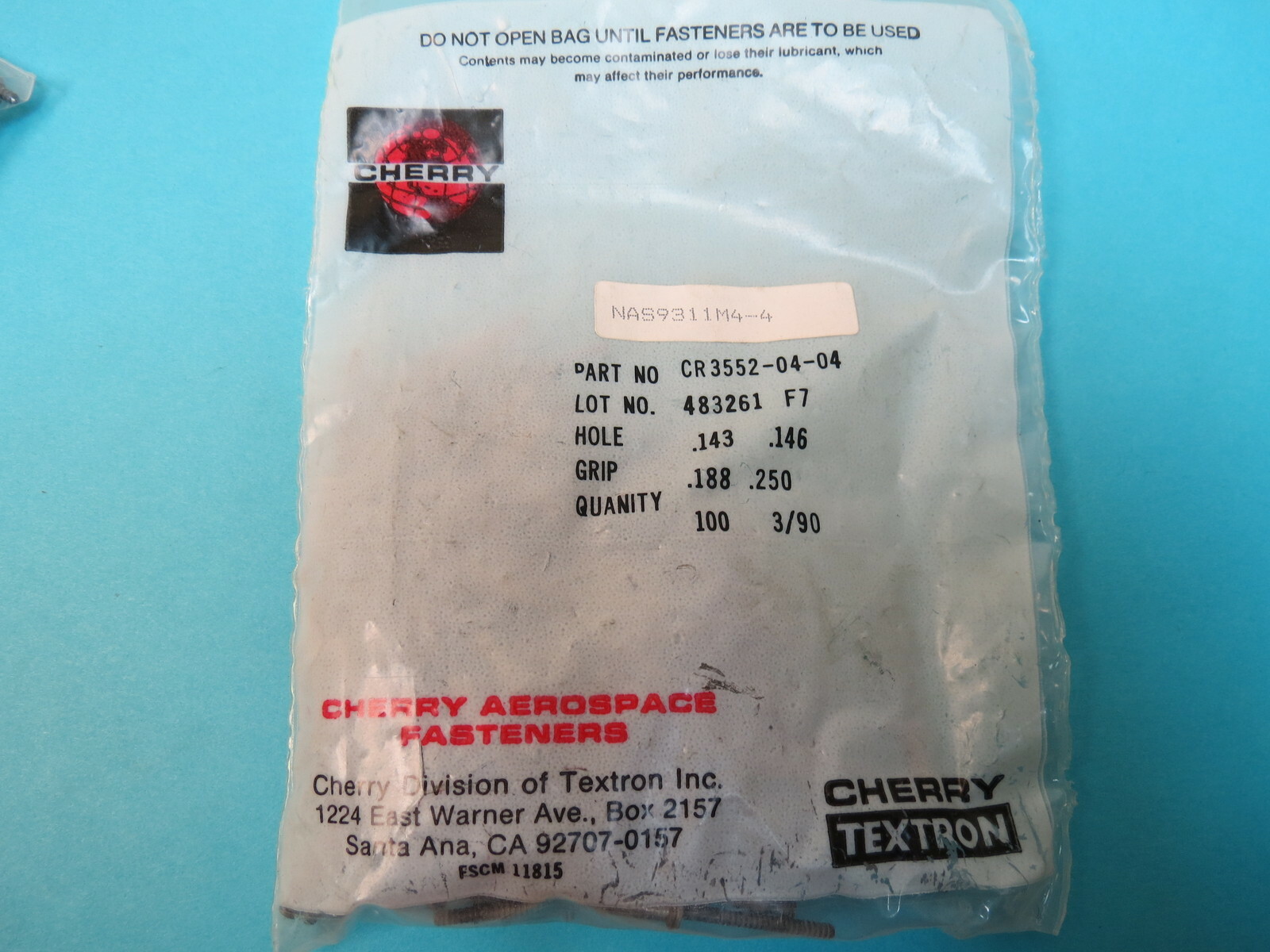 (100) CR3552-4-04 Cherry Aerospace NAS9311M4-04 Aircraft Countersunk ...