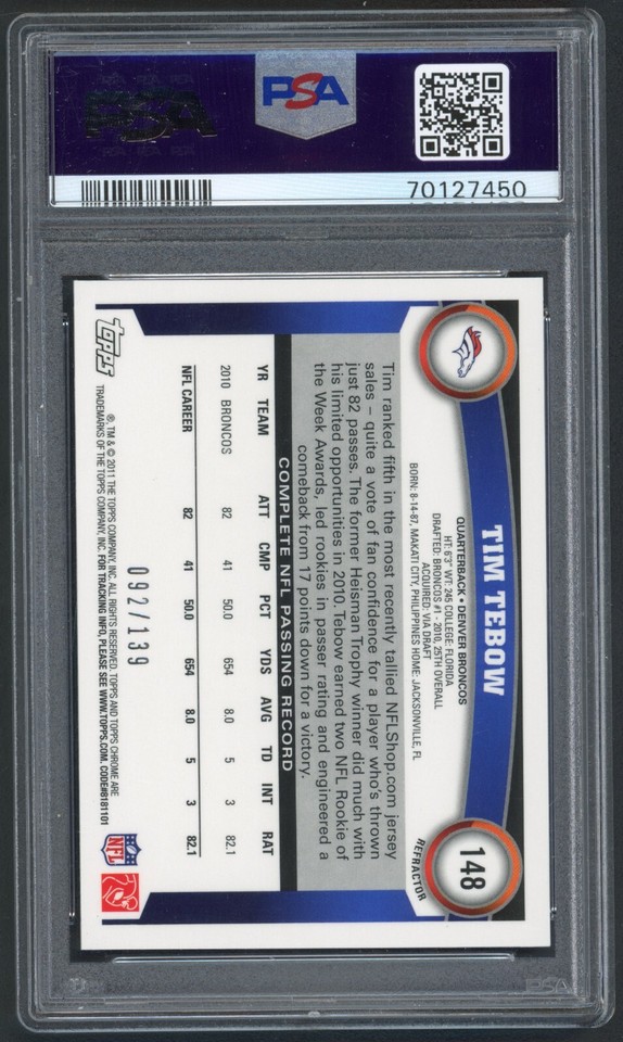2011 Topps Chrome Tim Tebow Broncos 148 PSA 9 MINT Crystal Atomic ...