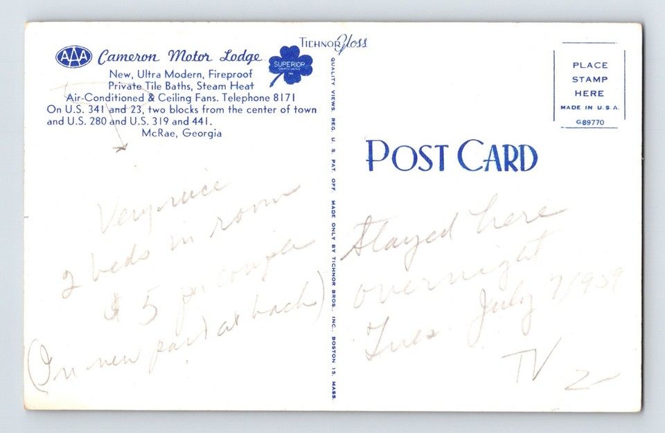 Postcard Georgia McRae GA Cameron Motor Lodge Motel 1950s Unposted ...