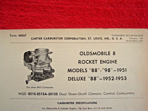 1951, 1952, 1953 OLDSMOBILE ROCKET ENGINE CARTER WGD CARBURETOR SPEC ...