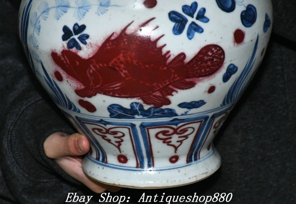 9.8''Old Yuan Dynasty Blue White Red Porcelain Fish Fishs 2 Ear Crock ...