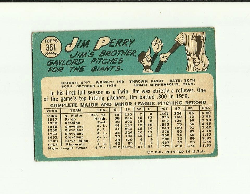 1965 TOPPS #351 Jim Perry: Minnesota Twins: Pitcher: Baseball Card: MLB ...
