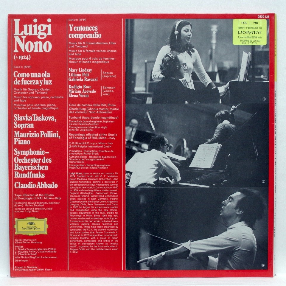 LUIGI NONO como una ola de fuerza y luz ⸺ POLLINI, ABBADO ⸺ DGG LP NM ...