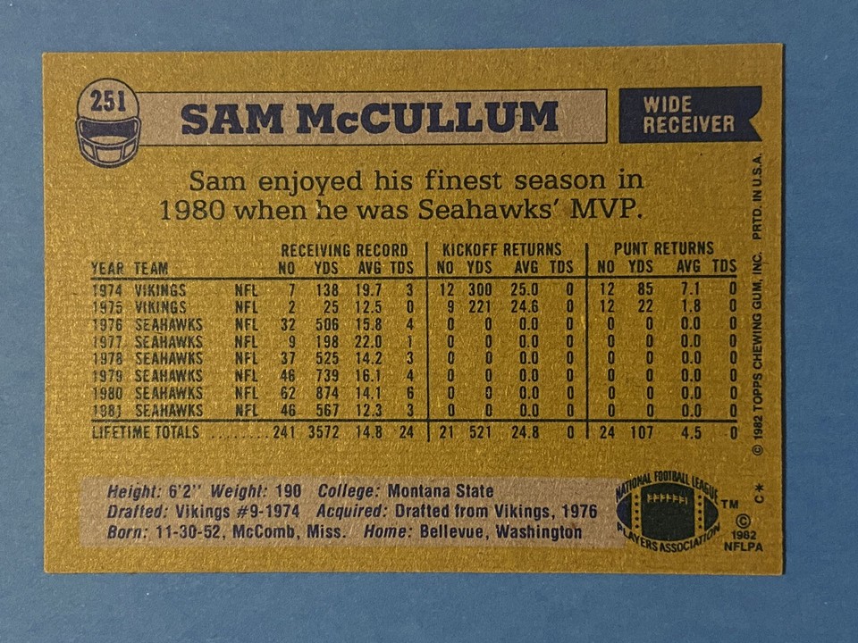 SAM McCULLUM Hand Signed 1982 Topps #251 Seahawks Montana State ...
