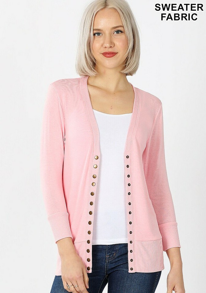 Women's 3/4 Sleeve Snap Button Front Ribbed Detail V Neck Sweater ...
