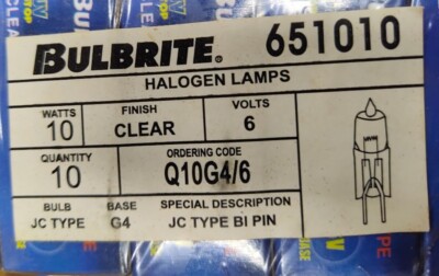 Price for 10 Bulbrite #651010 Quartz Halogen JC Bi-pin G4 Base 10 Watt ...