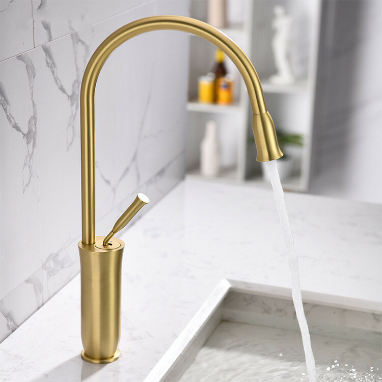 Brass Brushed Gold Modern Simple Kitchen Faucet Hot and Cold Water Deck ...