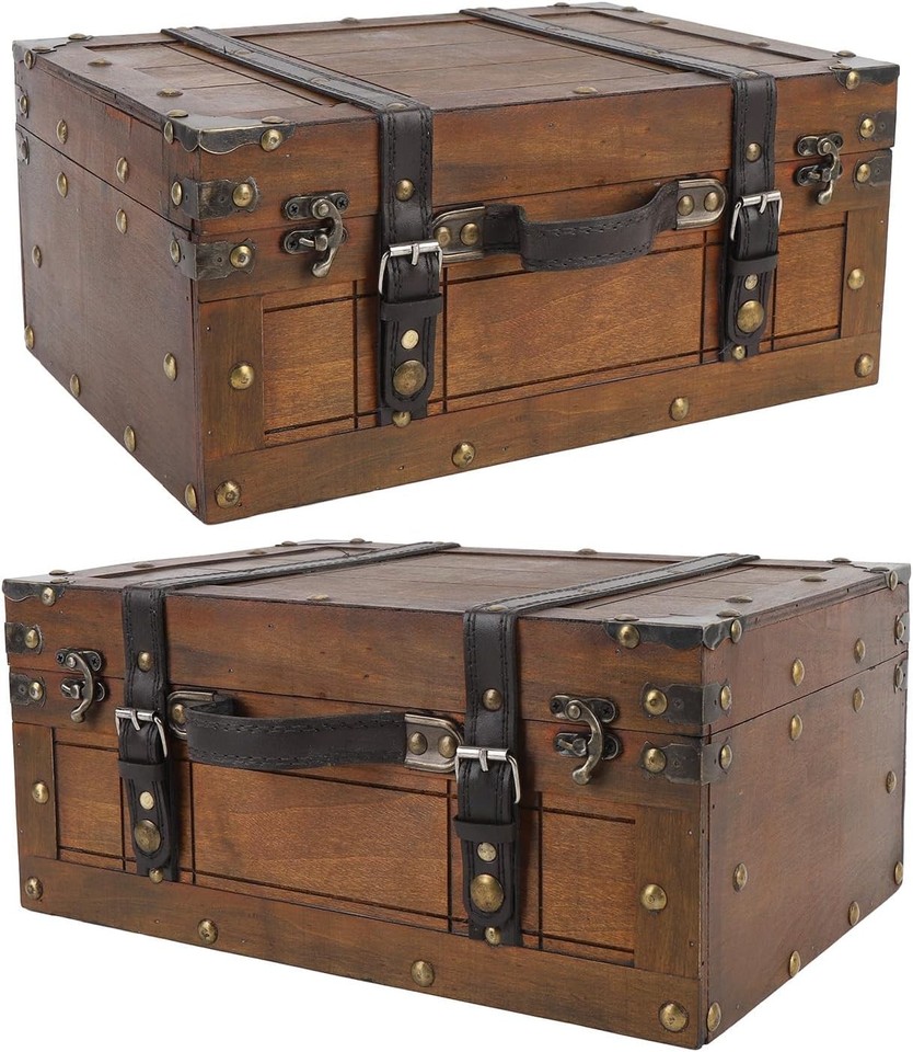 Vintage Distressed Wooden Storage Trunk W/ Textured Leather Handle ...