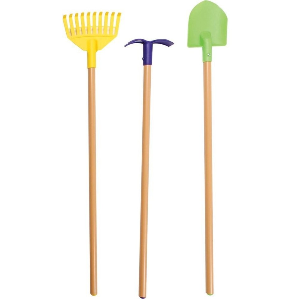 Kids Long Handle Garden Tool Set Childrens Plastic 3 Pc Rake Hoe Spade ...