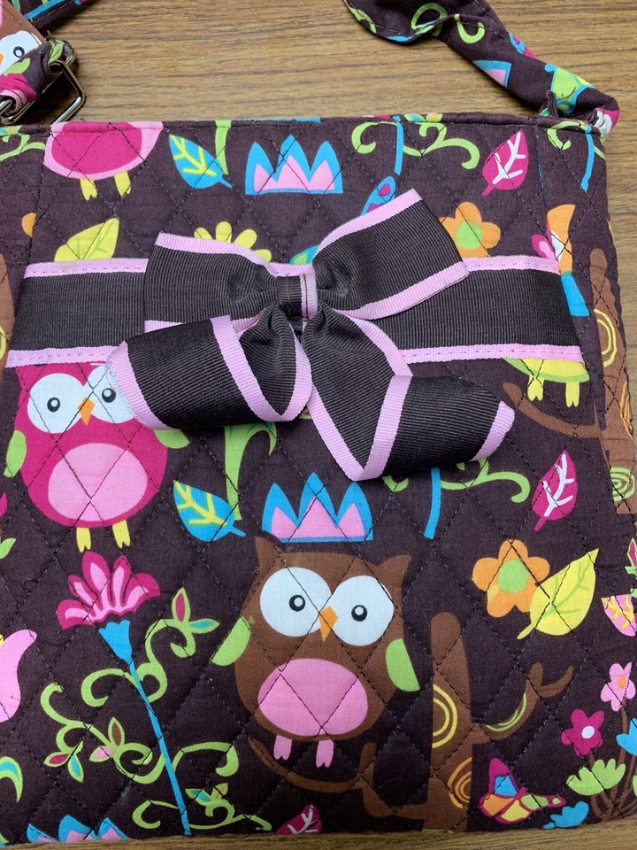 N Gil Owls Flowers Cross Bag Purse Brown Pink Adjustable Strap Pockets ...