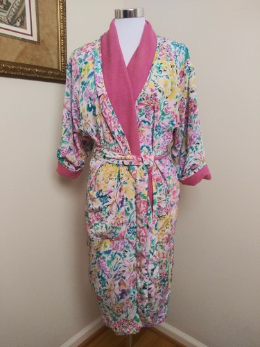 Victorias Secret 80s Vintage Bathrobe Pink Floral Cotton One Size Gold ...