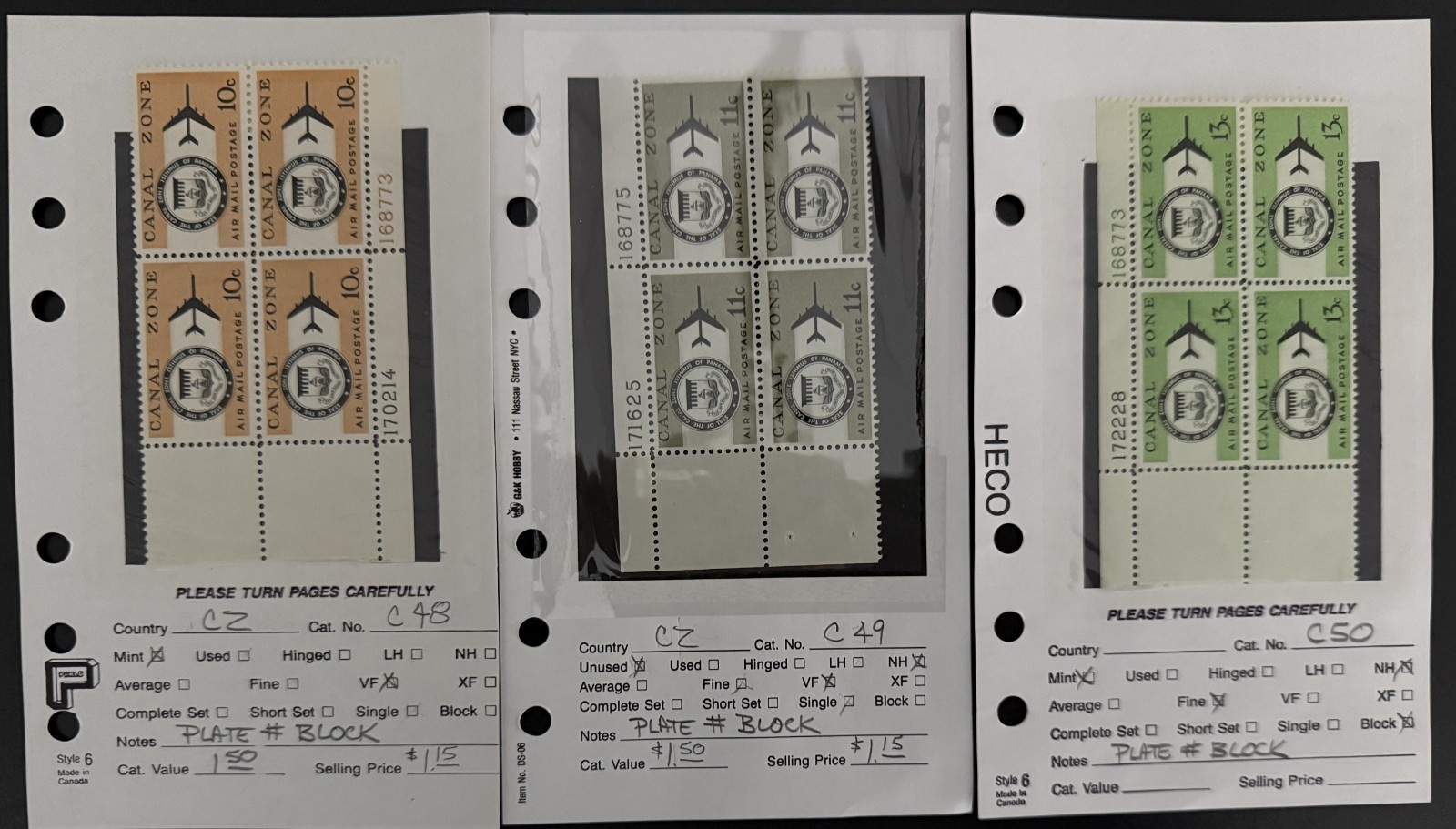 US Stamps Canal Zone Sc #C48-C50 Plate # Blocks MNH * cv 12.00 | eBay