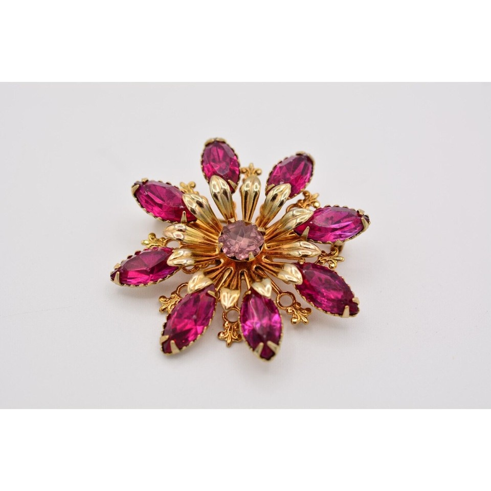 Vintage Crystal Flower Pin Brooch Magenta Marquise Rhinestone Prong ...