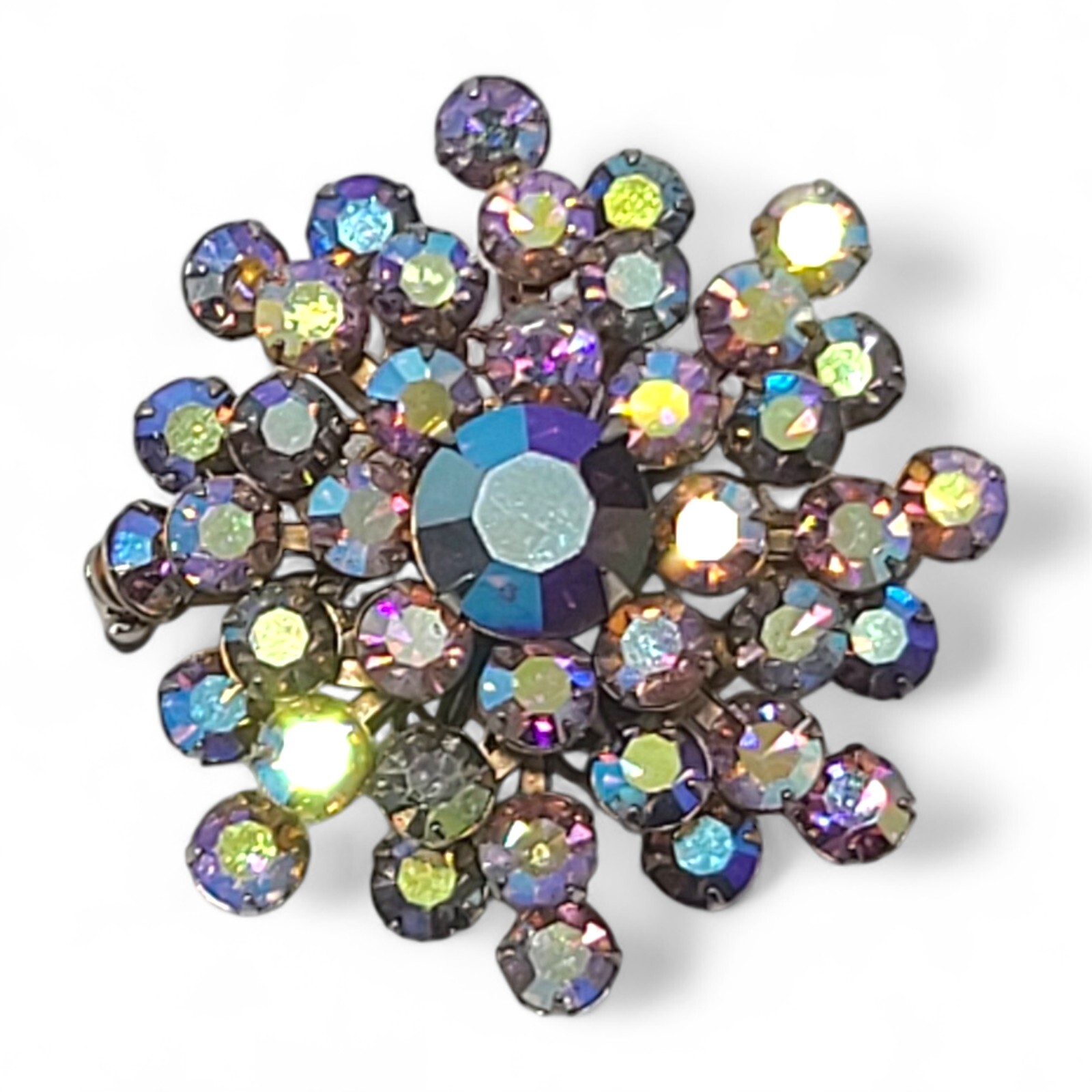 Aurora Borealis Rhinestone Brooch Layered Burst Flower Swedge Prong Set ...
