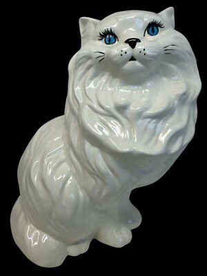 Vintage MCM Life Sized White Persian Cat Hand Painted Ceramic Cat Blue ...