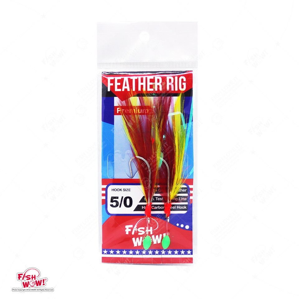 5pks Size 5/0 Fishing Rockfish Rig 2-hook Feather Rock Cod Fish Bait ...