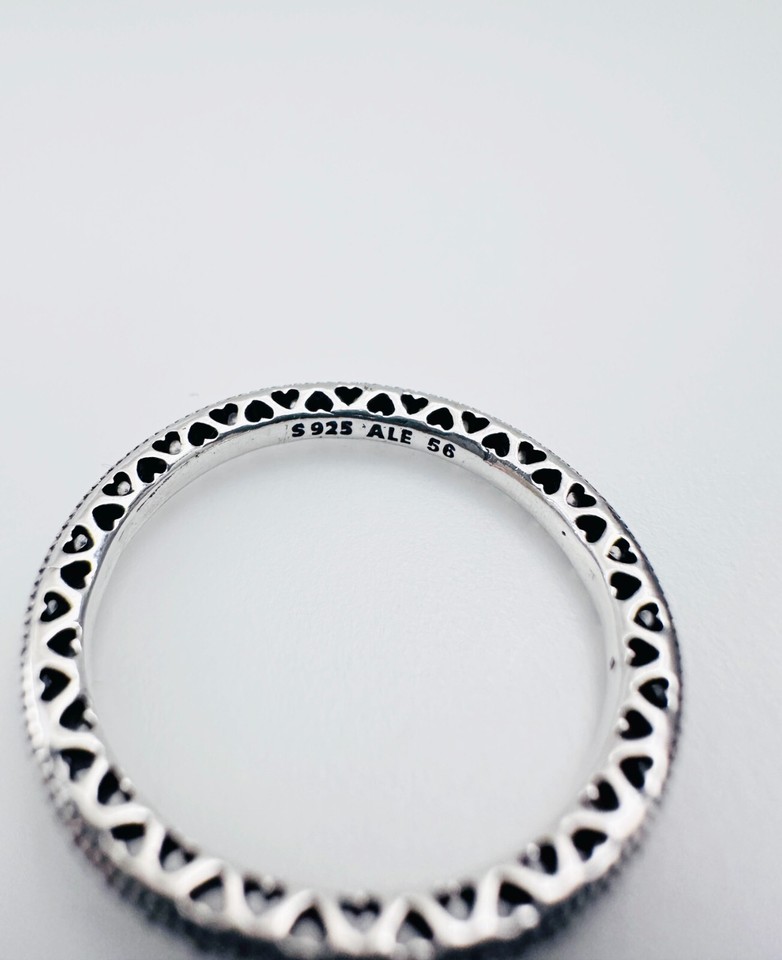 Estate Pandora ALE 925 Sterling Silver Sparkle Hearts Stackable Ring 7. ...